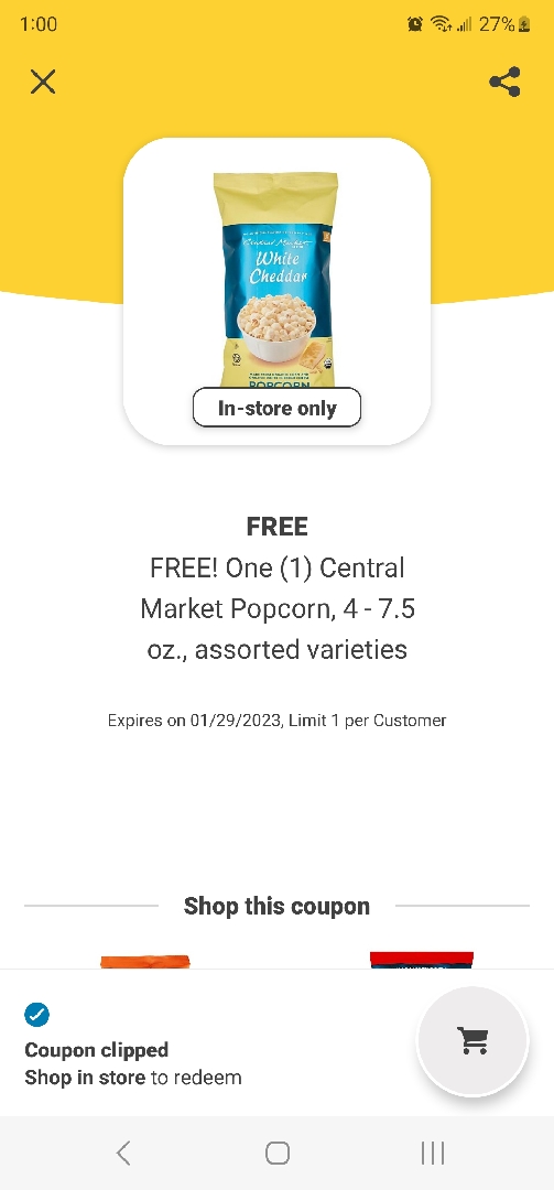 Heb Sunday freebie! Popcorn! Clip the coupon in your app. My dau